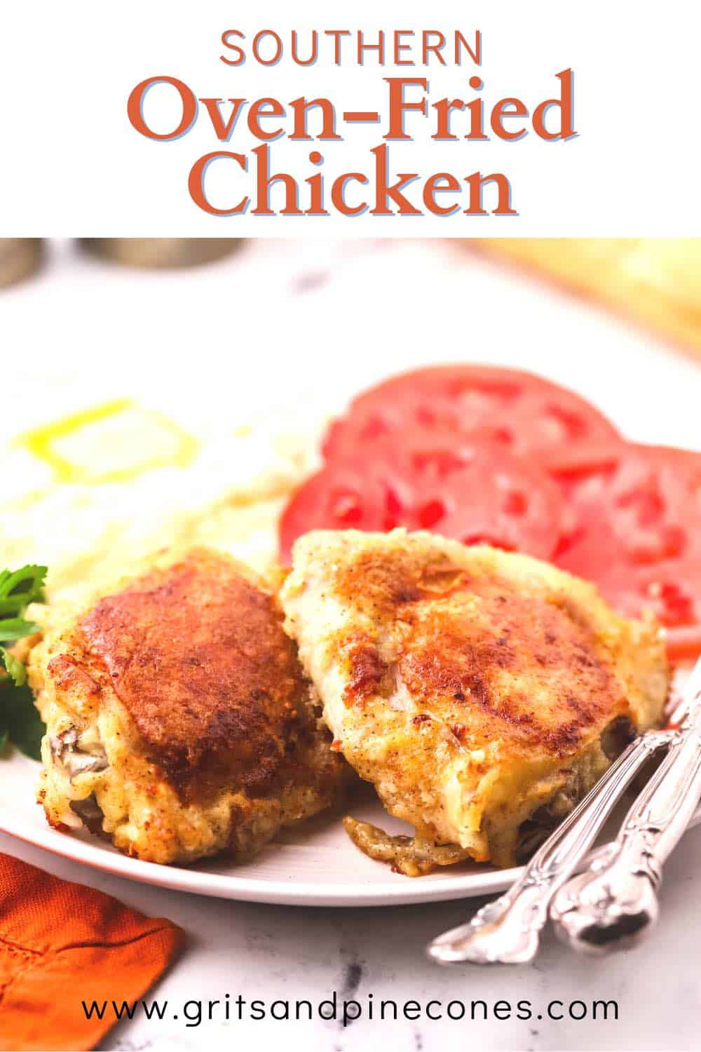 Southern Oven-Fried Chicken Thighs | gritsandpinecones.com
